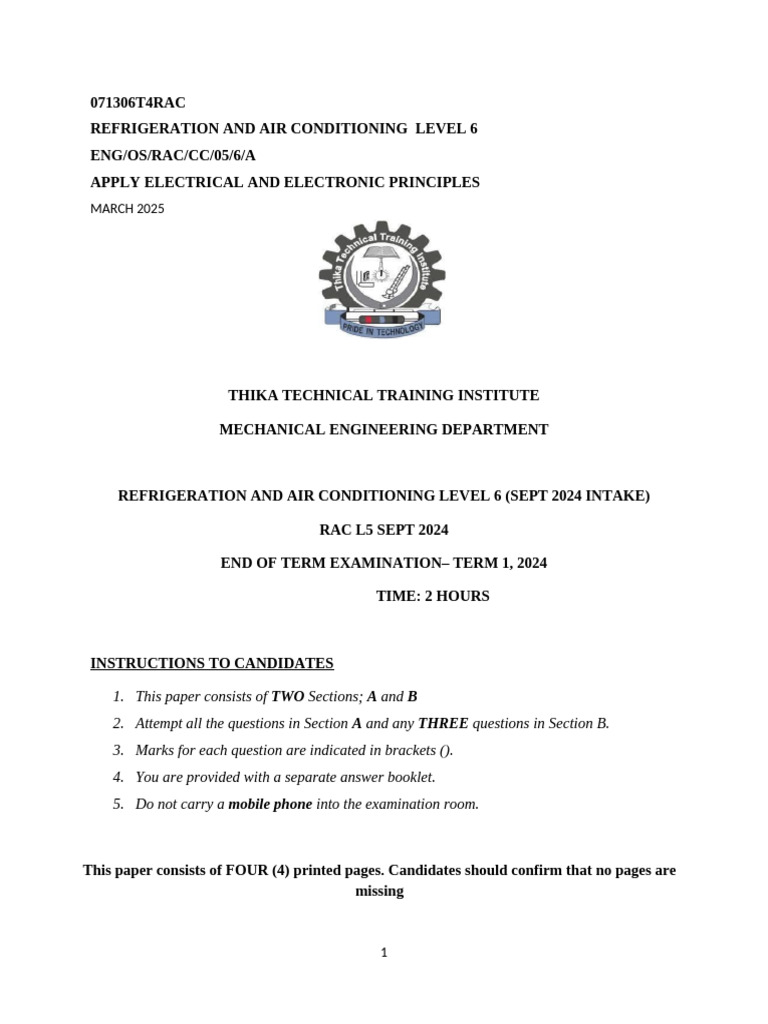Electrical Principles in RAC Exam 2024 | PDF | Resistor | Voltage