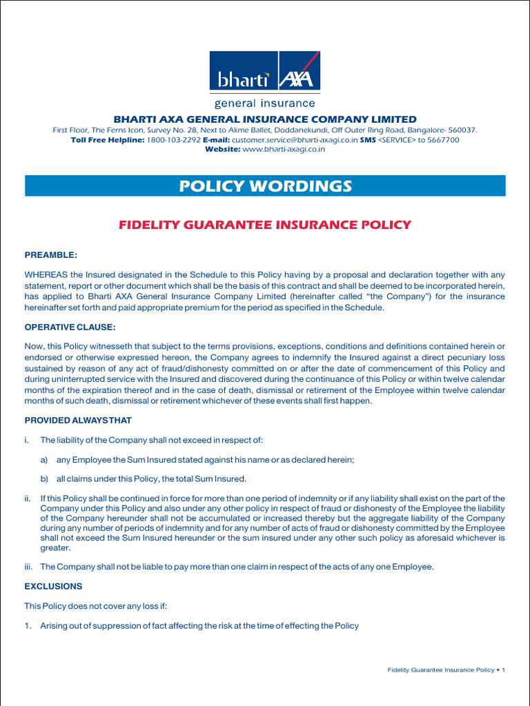Fidelity Guarantee Policy Wordings - GEN252 | PDF | Insurance | Indemnity