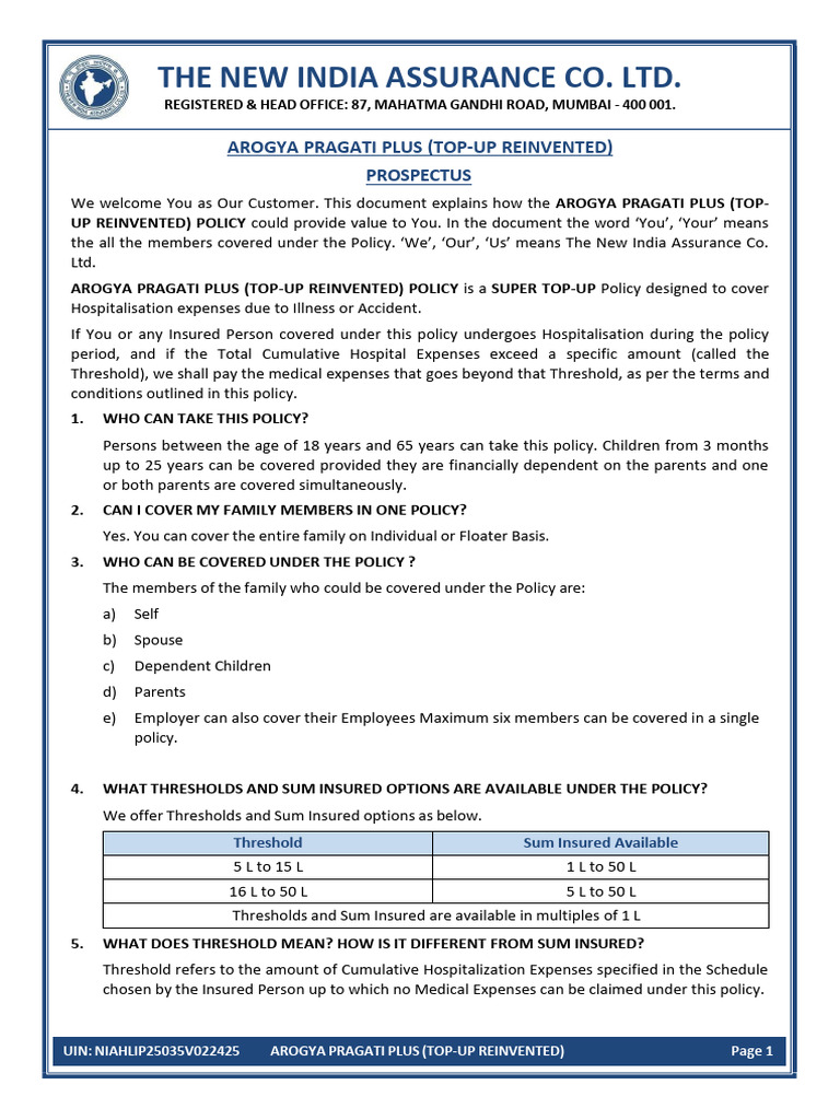 Prospectus Arogya Pragati Plus (TOP-UP Reinvented) - Corrected | PDF ...