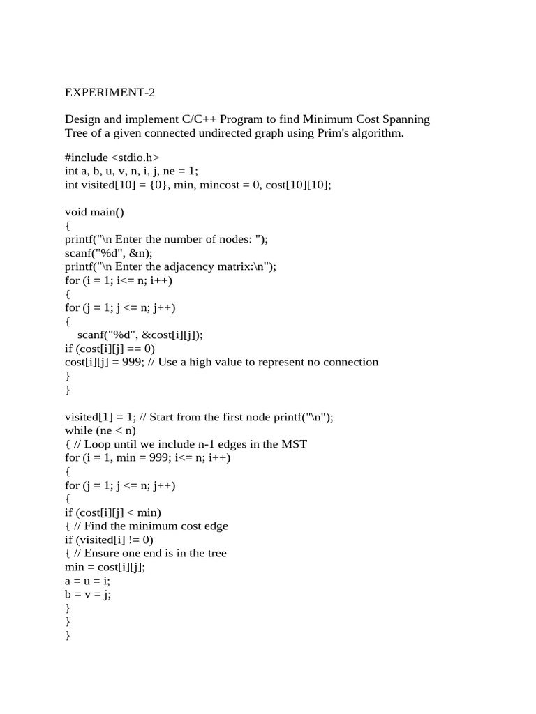 Experiment 2 Prims Algorithm | PDF