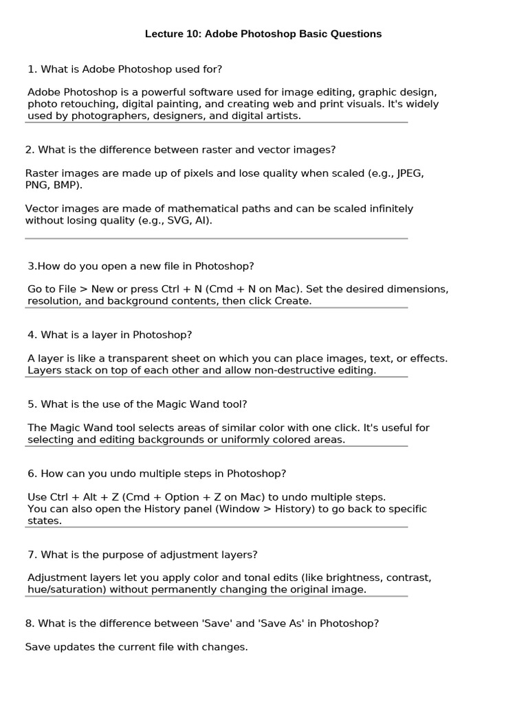 Lecture 10 Adobe Photoshop Basic Questions | PDF