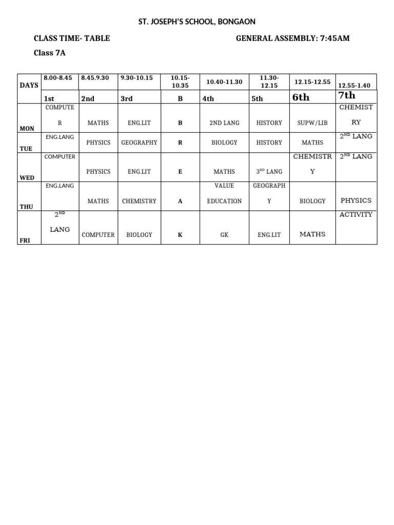 Class 7A Timetable 2026 | PDF