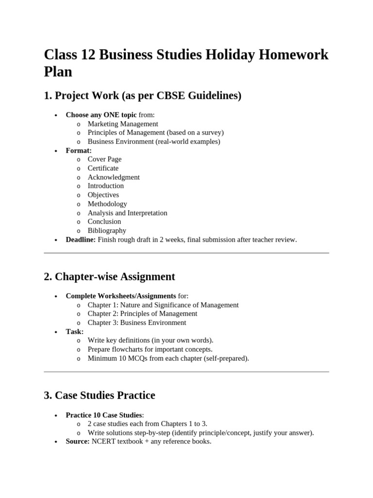 Class 12 Business Studies Holiday Homework Plan | PDF