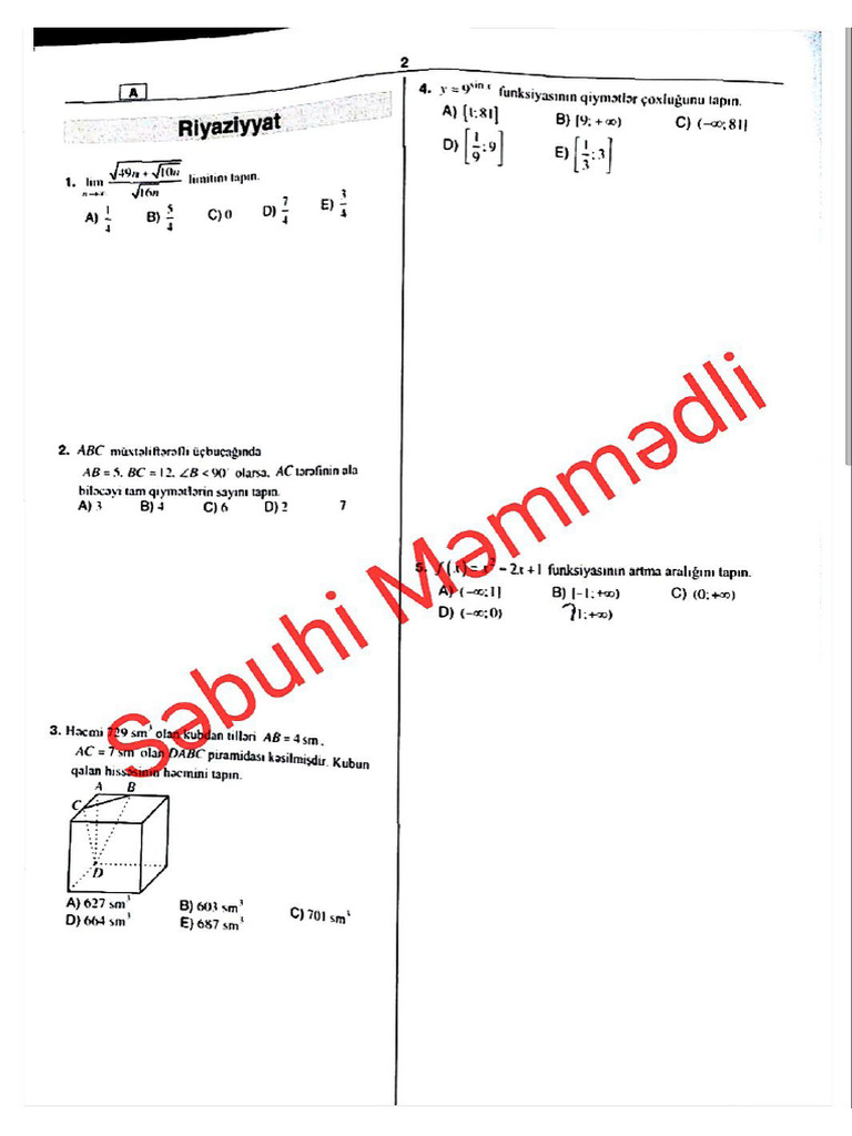 25.05.2025 Riyaziyyat | PDF