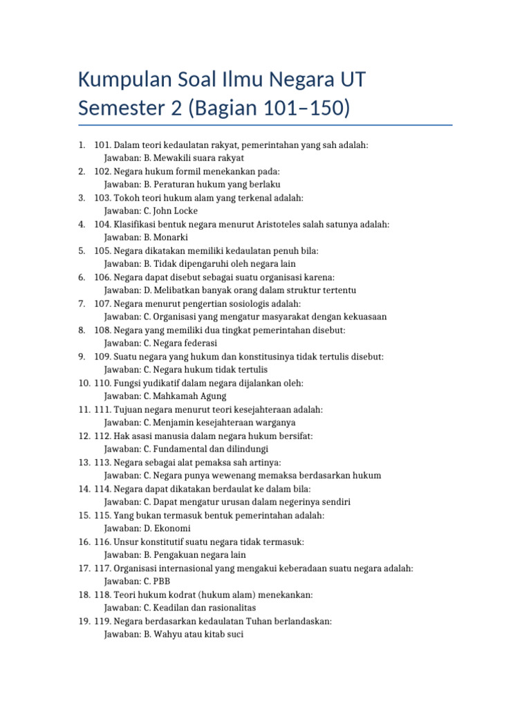 Soal Ilmu Negara UT 101-150 | PDF