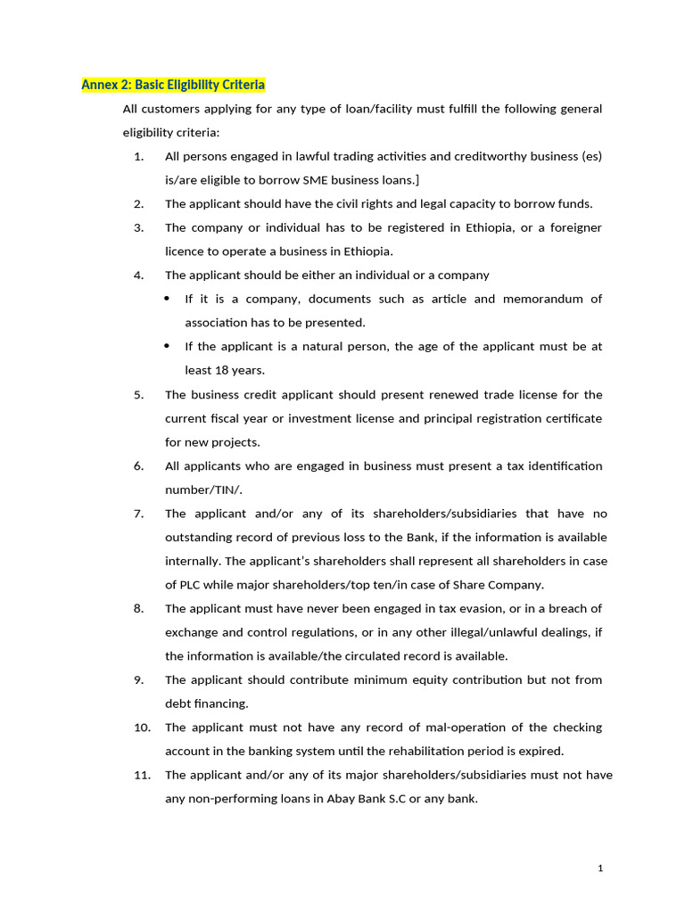 2 Annex Basic Eligibility Criteria Abay Bank S.C | PDF | Banks | Loans