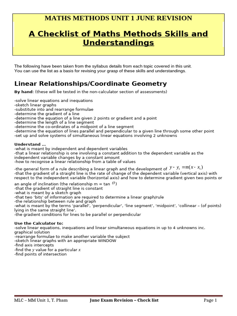 Maths Methods Unit 1 Revision Checklist | PDF | Quadratic Equation ...