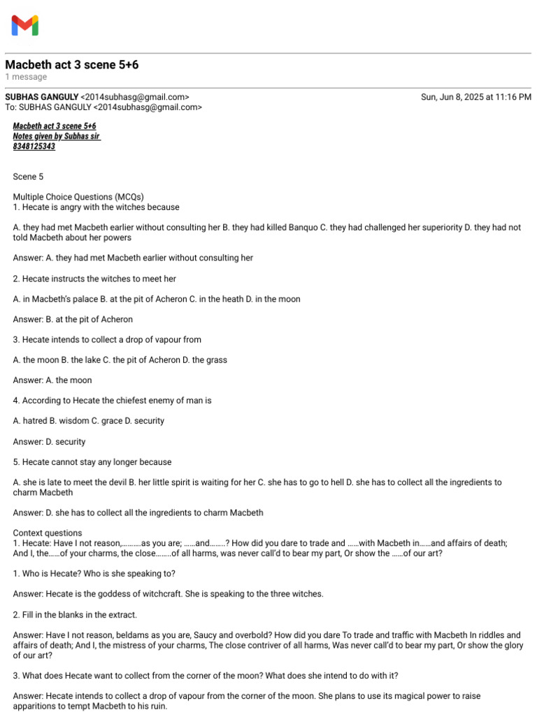 Gmail - Macbeth Act 3 Scene 5+6 | PDF | Macbeth | Shakespearean Characters