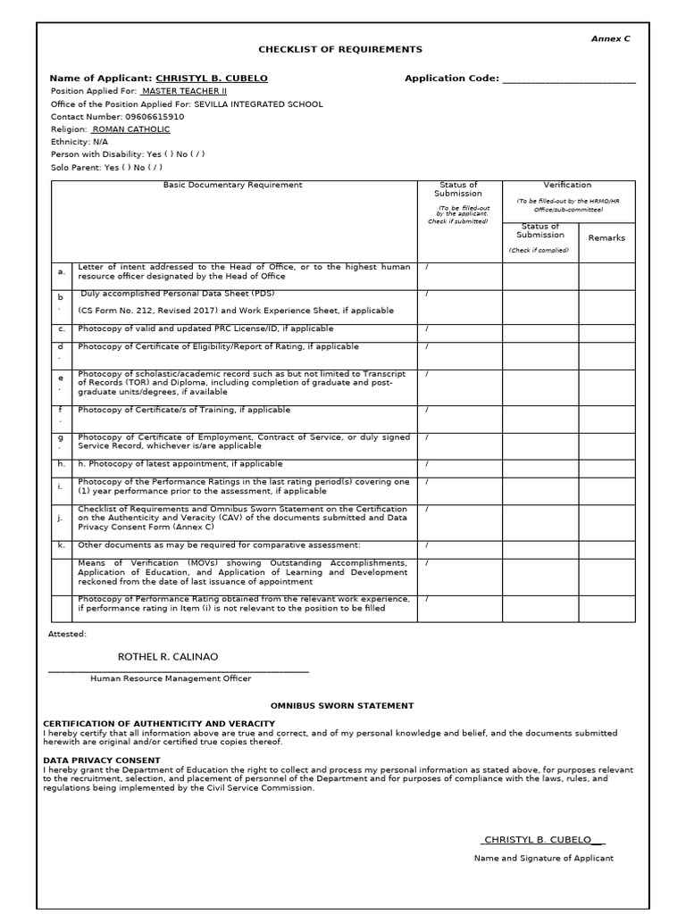 ANNEX C Checklist of Requirements and Omnibus Sworn Statement | PDF | Teachers