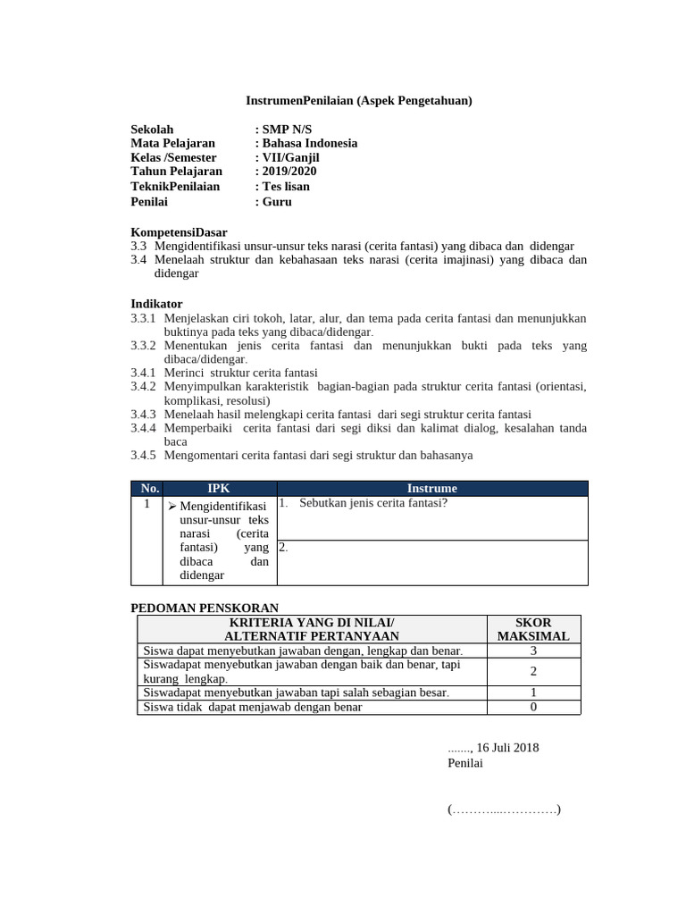 Instrumen Penilaian (Aspek Pengetahuan) | PDF