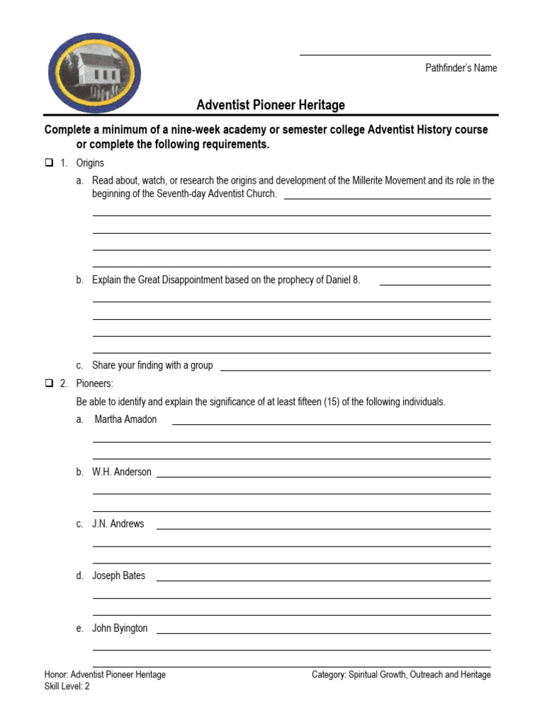 Adventist Pioneer Heritage Honor Worksheet | PDF | Seventh Day Adventist Church | Christian ...