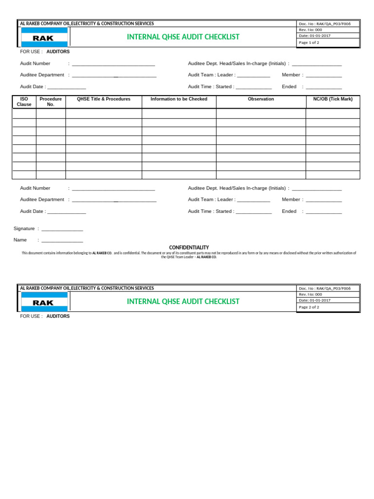 Rak-Qa - p03-f006 Internal Qhse Audit Checklist | PDF | Financial Audit ...