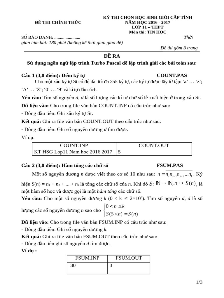 De Thi HSG 11 - 2016 - 2017 | PDF