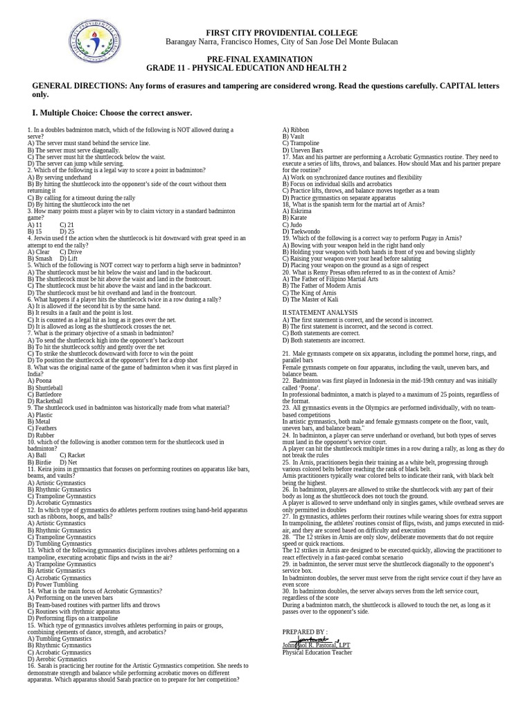 4q Pre Final Exam Pe | PDF | Gymnastics | Athletic Sports