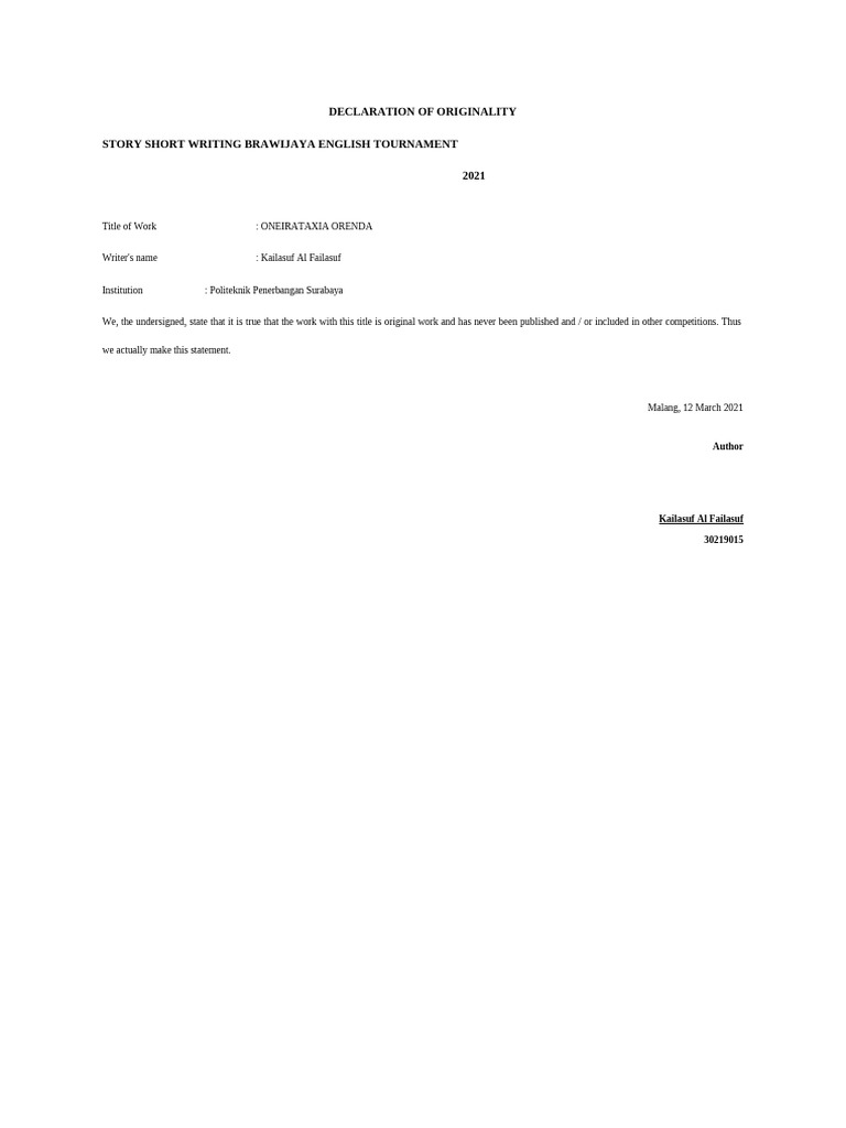 Originality Declaration for Oneirataxia Orenda | PDF
