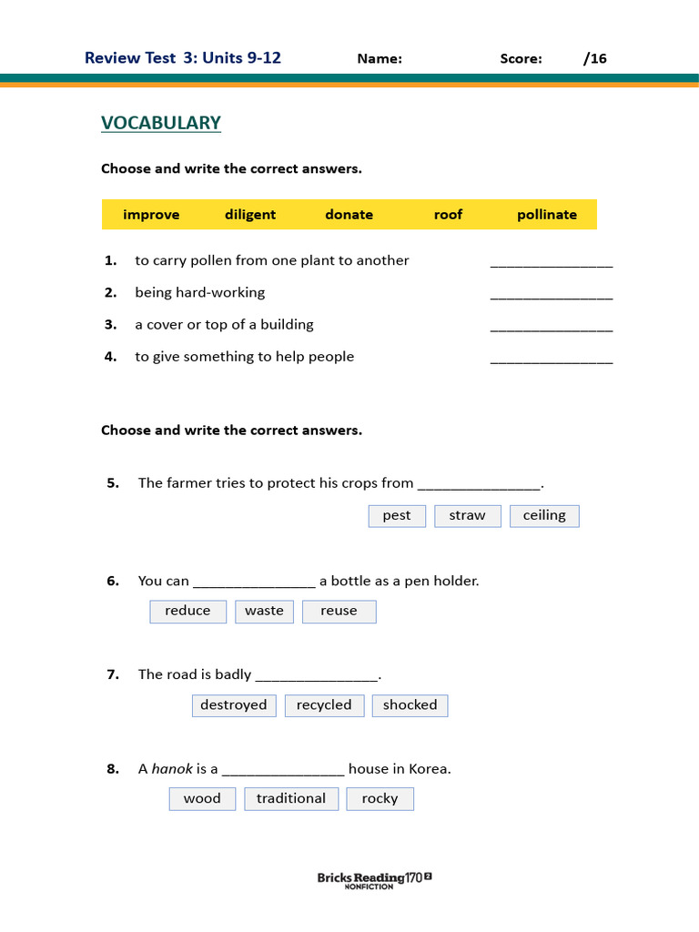 Bricks Reading 170 Nonfiction - L2 - Review Test 3 (Units 09-12) | PDF ...