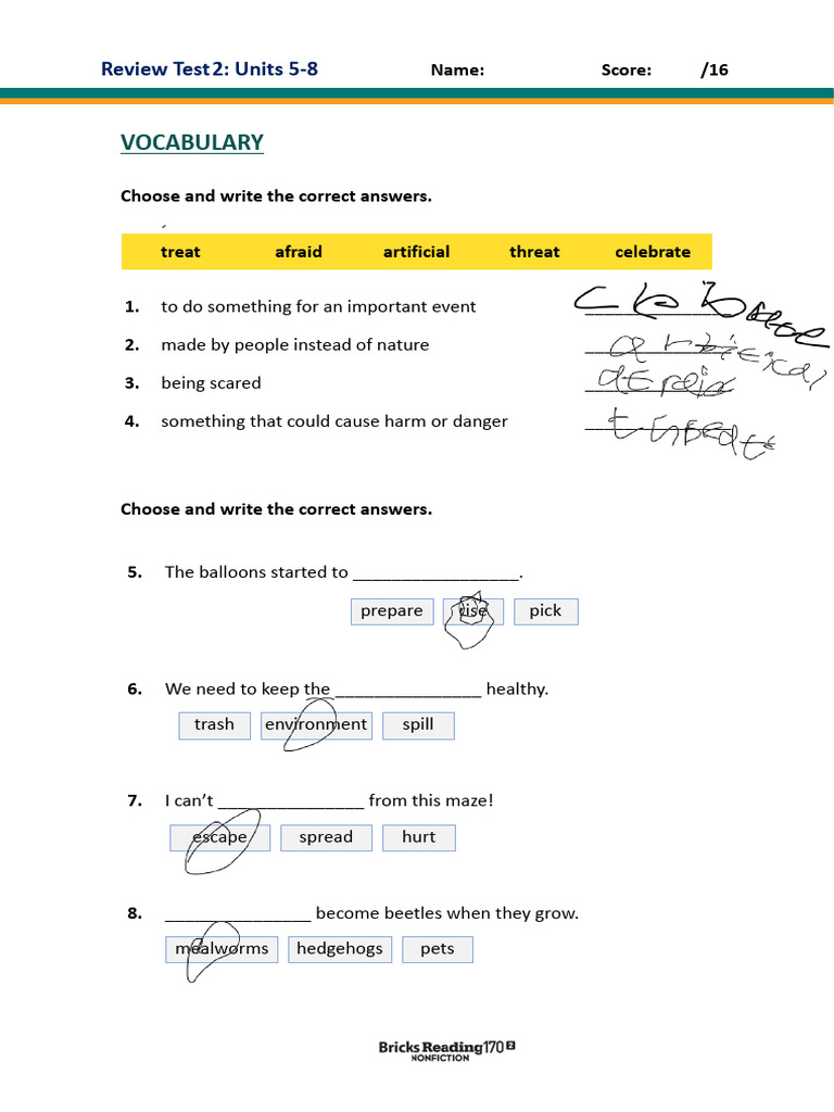 Bricks Reading 170 Nonfiction - L2 - Review Test 2 (Units 05-08) | PDF