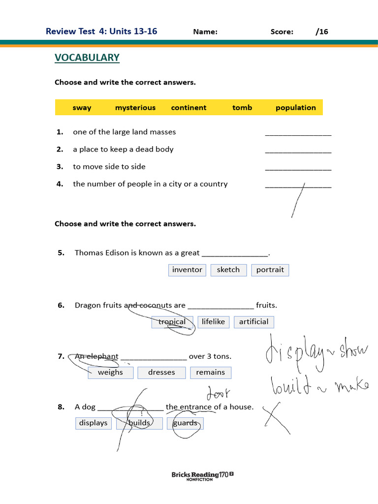 Bricks Reading 170 Nonfiction - L2 - Review Test 4 (Units 13-16) | PDF ...