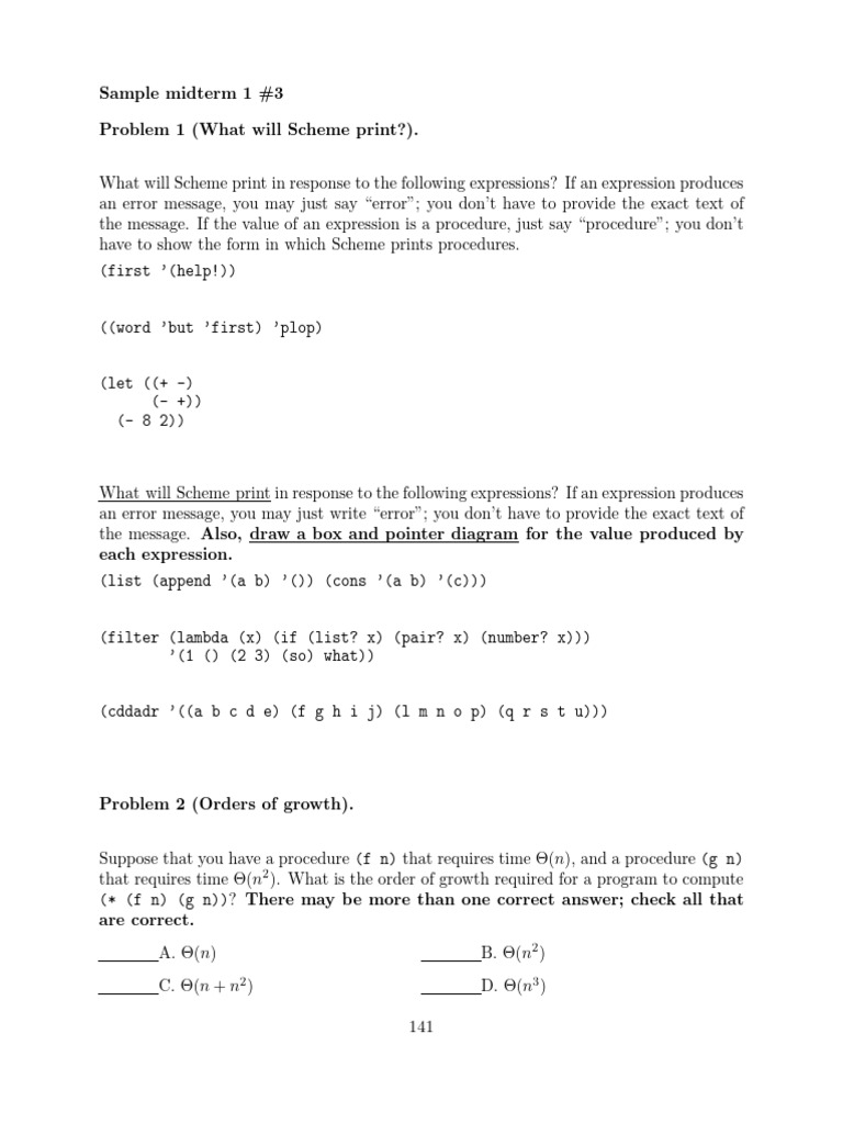 61A Brian Harvey Midterm 1 mt1-3 | PDF | Scheme (Programming Language ...