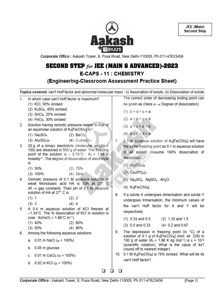 E-Caps 11 - (SS) Jee (Main) Chemistry (2022) | PDF | Dissociation (Chemistry) | Chemistry