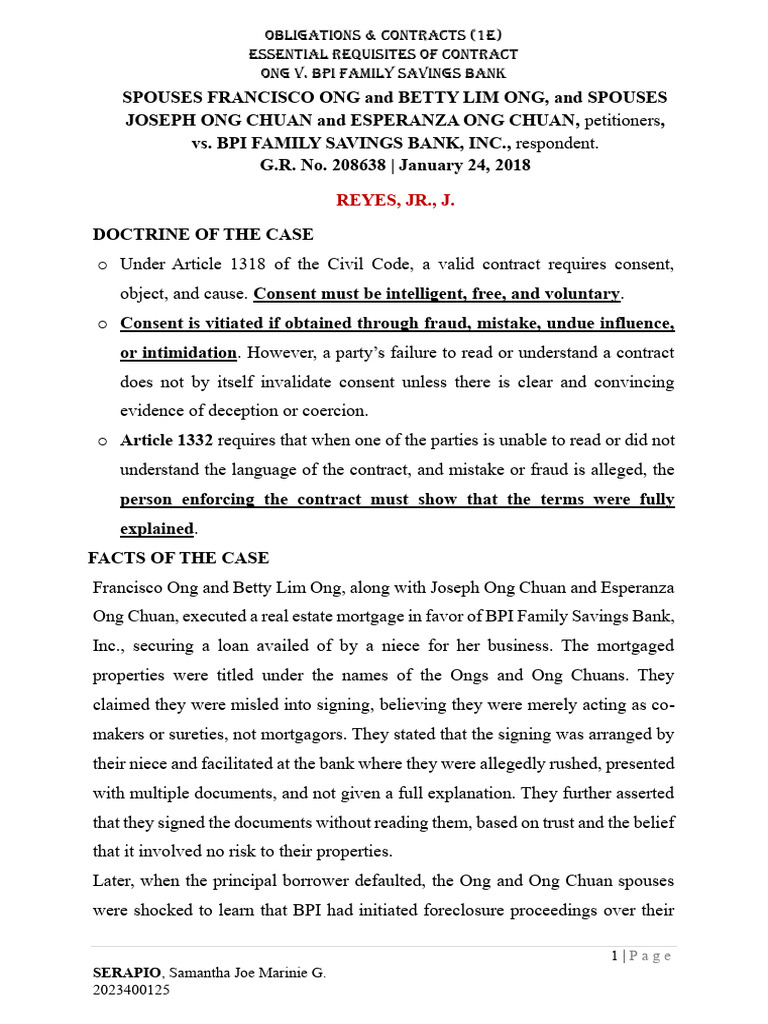 ONG v. BPI FAMILY SAVINGS BANK | PDF | Consent | Mortgages