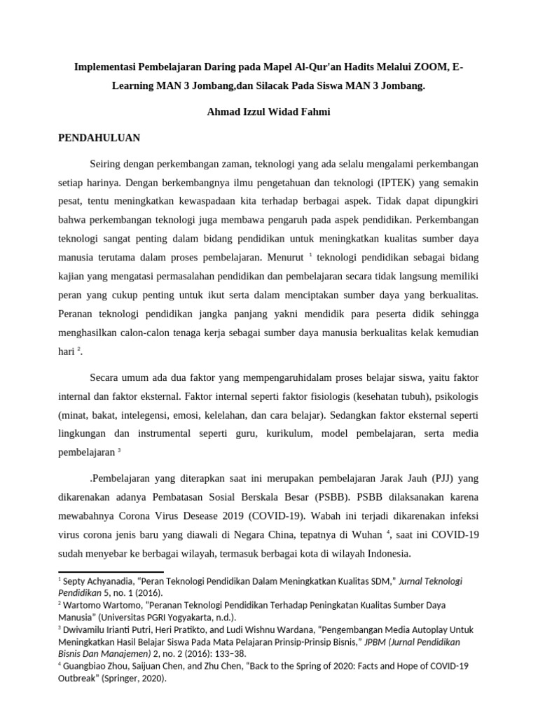 Implementasi Pembelajaran Daring Pada Mapel Al-Qur'an Hadits Melalui ZOOM, E-Learning MAN 3 ...