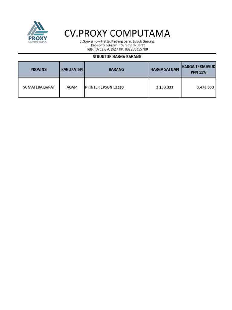 Struktur Harga Printer Epson L3210 | PDF