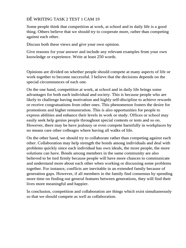 Đề Writing Task 2 Test 1 Cam 19 | PDF