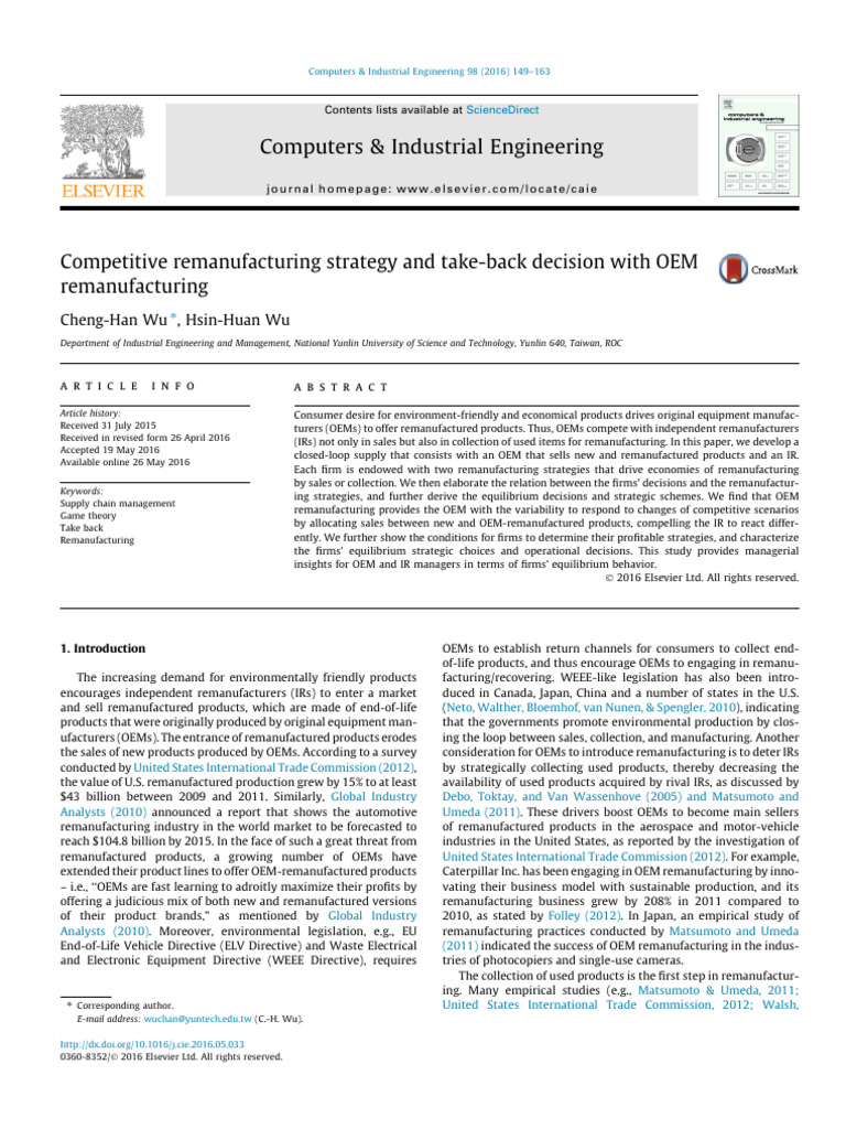 Wu - 2016 - CIE - Competitive Remanufacturing Strategy and Take-Back ...