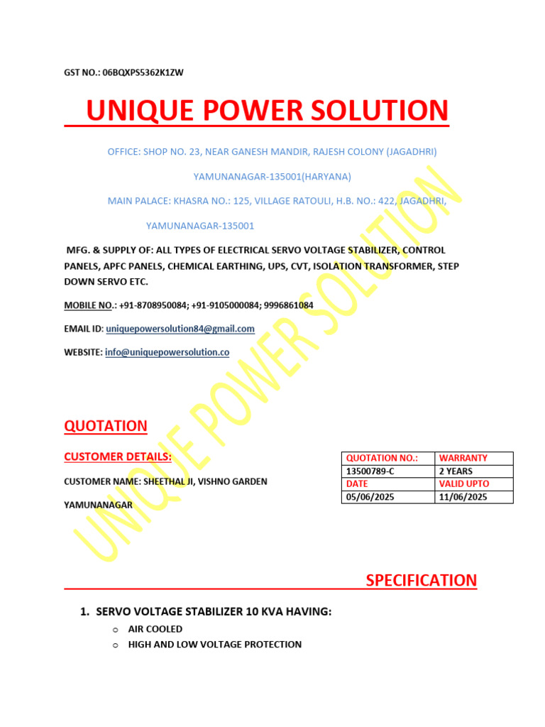 Quotation for 10 KVA Servo Stabilizer | PDF