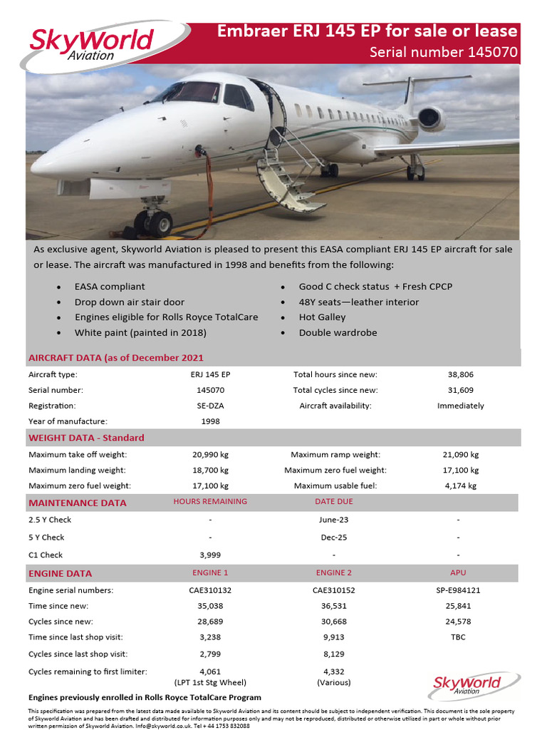 Embraer 145 EP MSN 145070 JH DEC 2021 | PDF | Aircraft | Aviation
