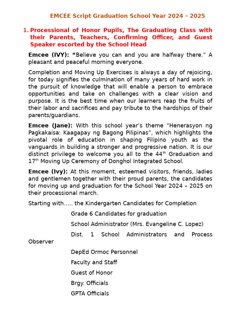 Emcee Script for Graduation Grade 6- English | PDF