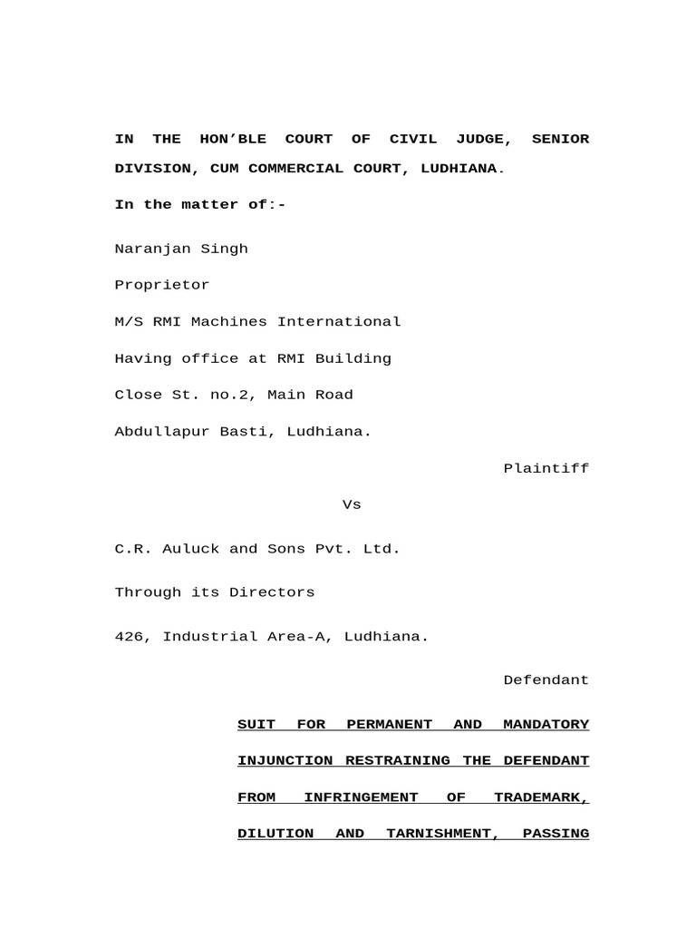 Suit For Permanent and Mandatory Injuction Naranjan Singh | PDF | Trademark Infringement | Lawsuit