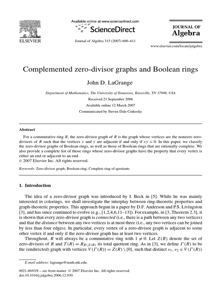 Complemented Zero Divisor Graphs and Boolean Rings | PDF | Ring ...