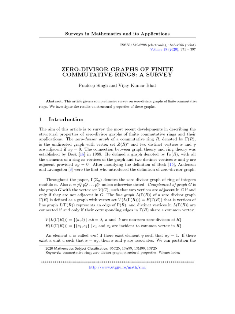 (Survey) Zero Divisor Graphs of Finite Commutative Rings | PDF | Vertex (Graph Theory) | Ring ...