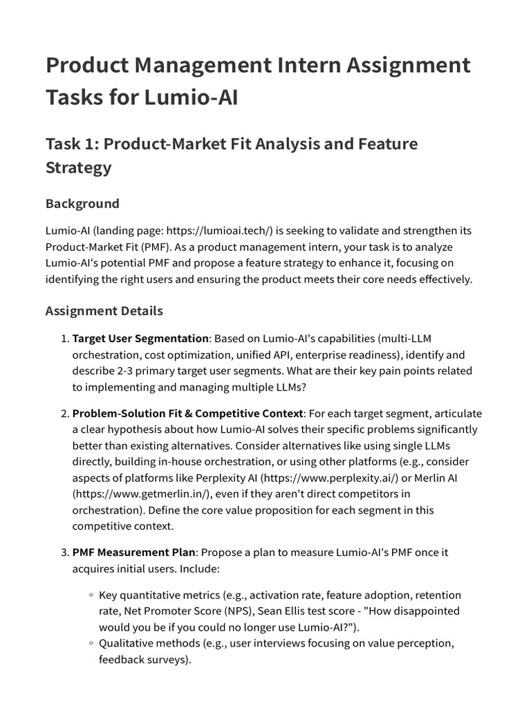 Product Management Intern Assignment Tasks For Lumio-AI | PDF | Performance Indicator ...