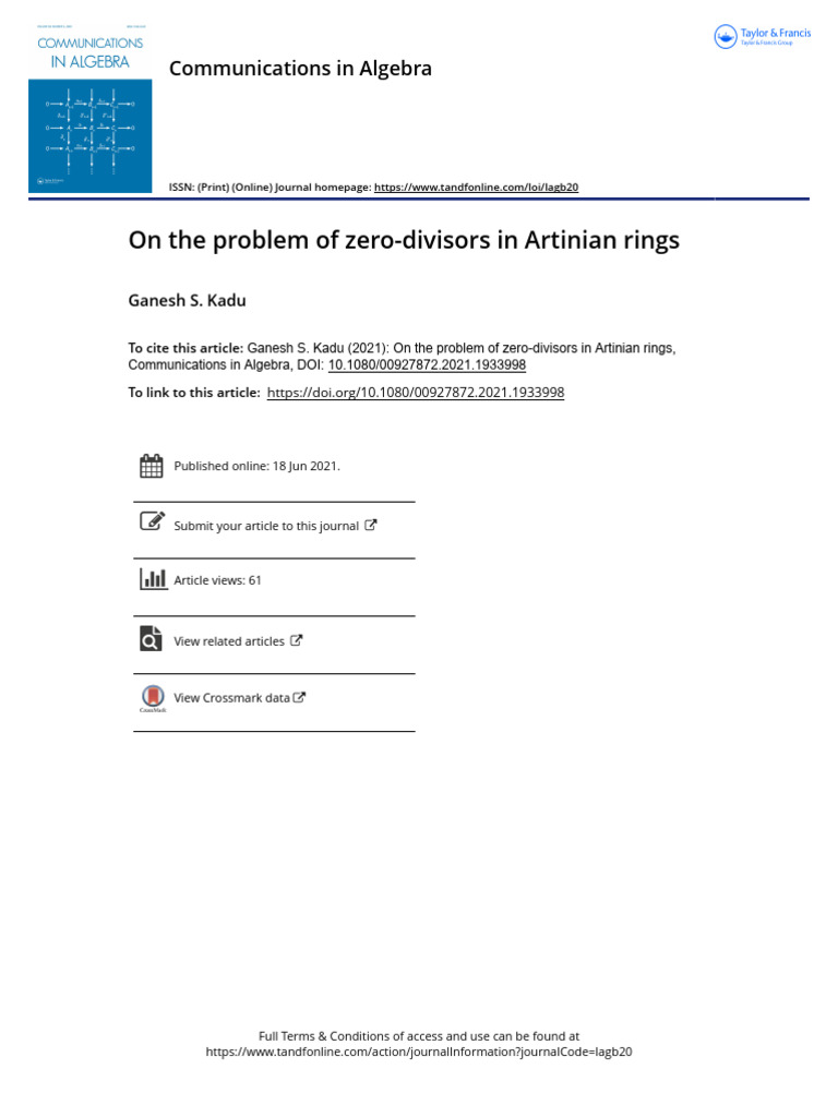 On The Problem of Zero-Divisors in Artinian Rings | PDF | Ring ...