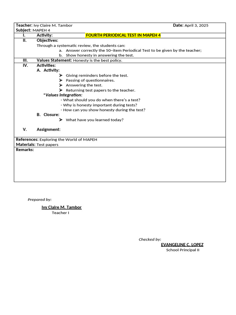 LESSON PLAN for periodical test | PDF