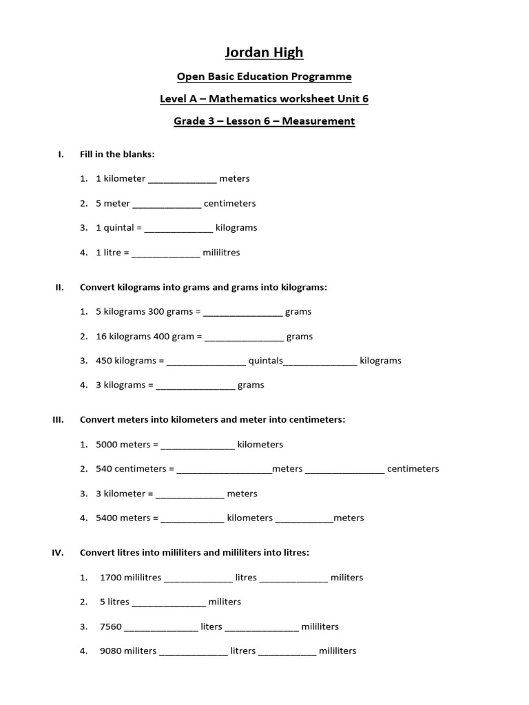 Grade 3 Measurement Conversion Worksheet | PDF | Litre | Metrology
