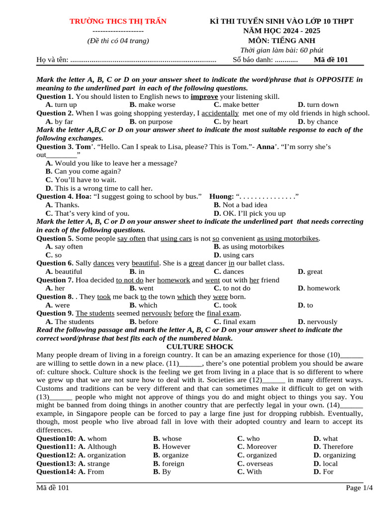 Đề Thi Thử Anh. Tt | PDF | Telephone | Cholesterol