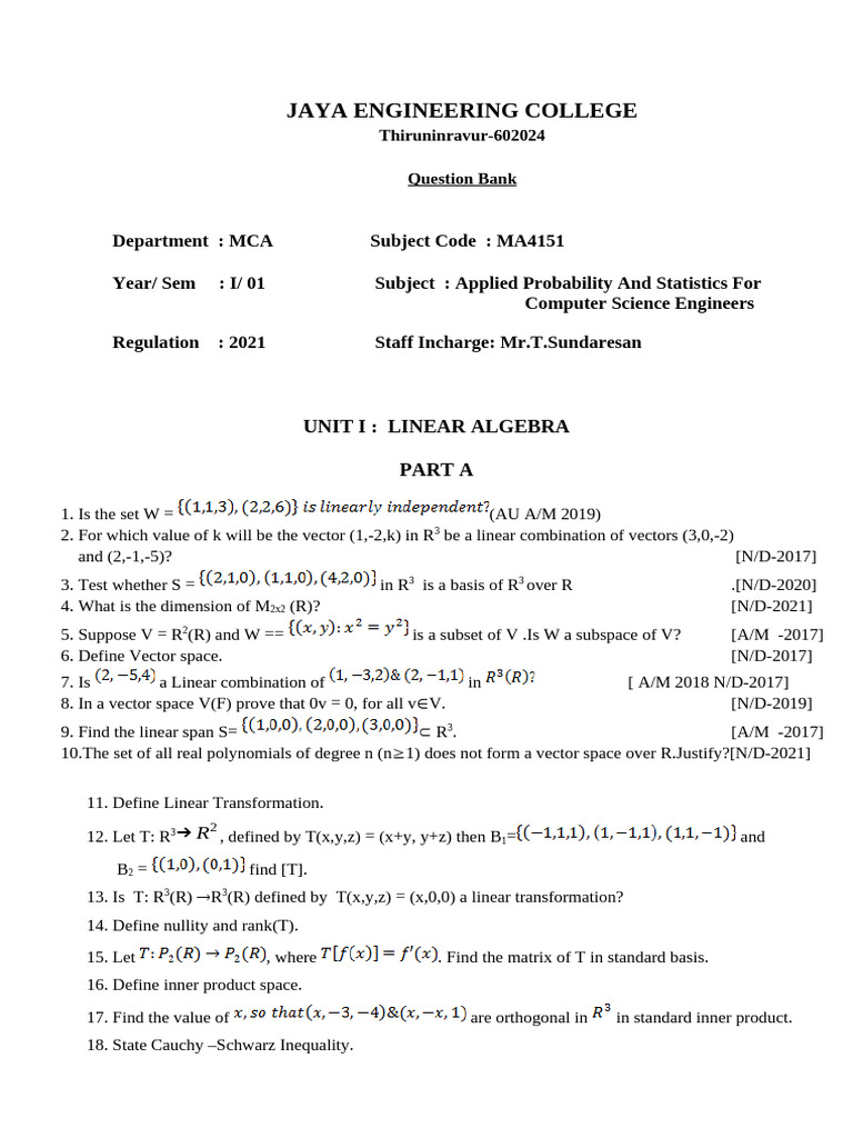 MA4151 Applied Probability) | PDF | Basis (Linear Algebra) | Vector Space