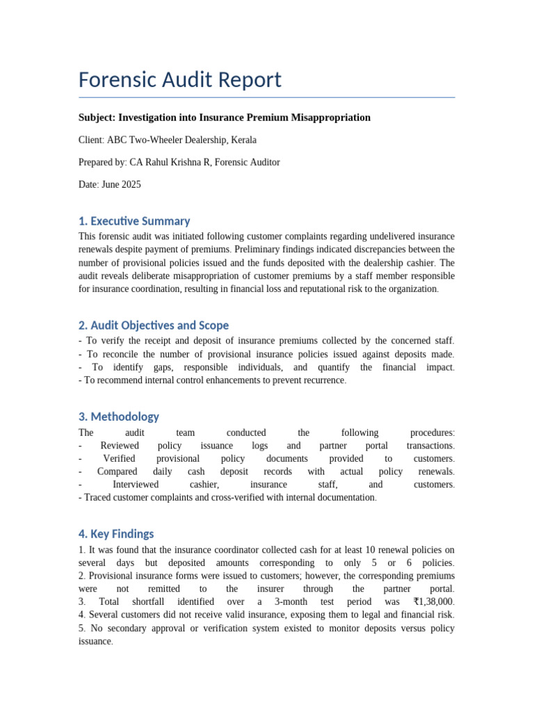 Forensic Audit on Insurance Fraud | PDF | Insurance | Audit