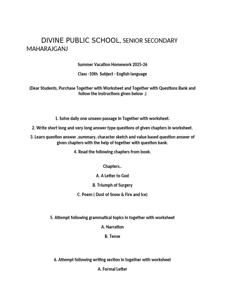 Summer Vacation Homework Class 10th | PDF