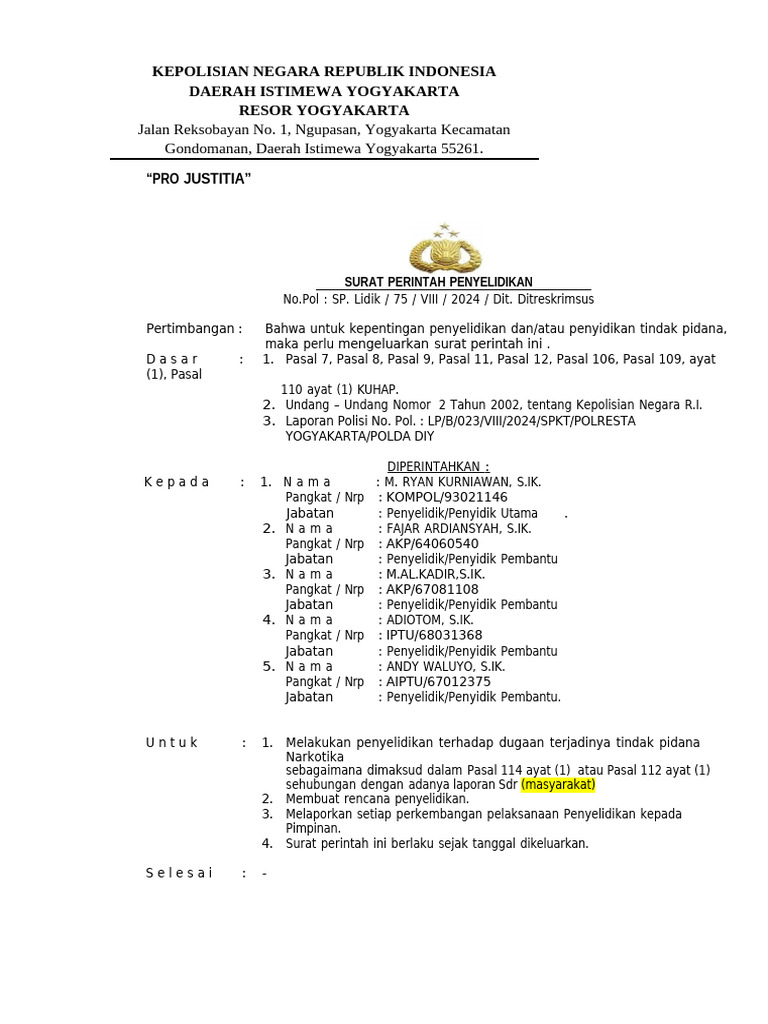 Surat Perintah Penyelidikan Narkotika | PDF