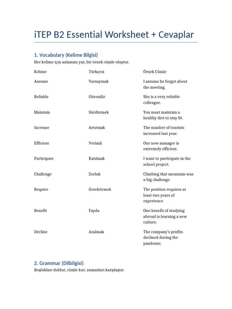ITEP B2 Worksheet Cevapli | PDF | Grammar | Linguistics