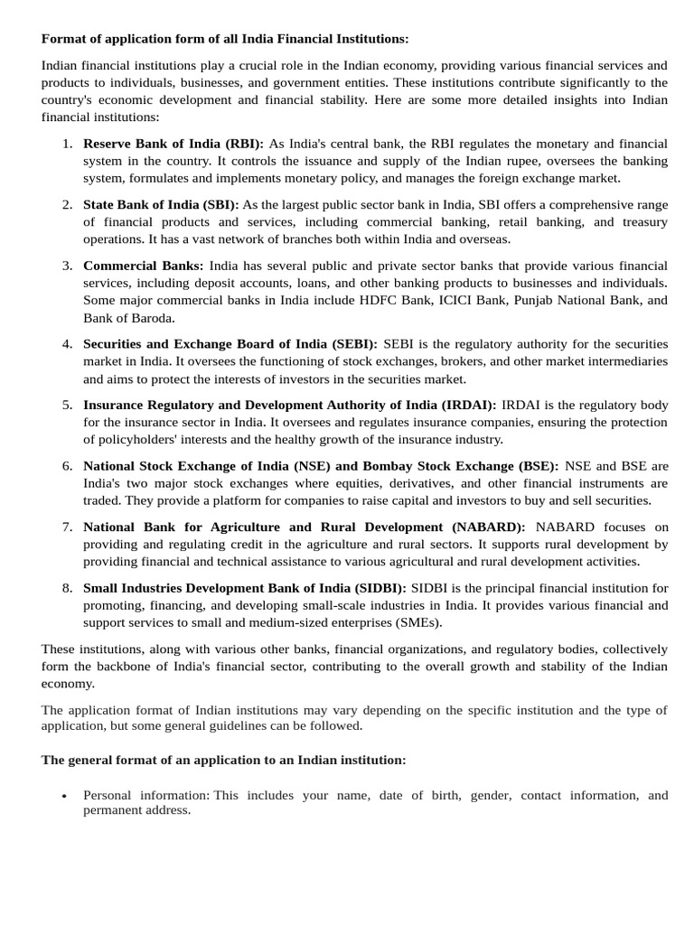 Format of Application Form of All India Financial Institutions | PDF ...