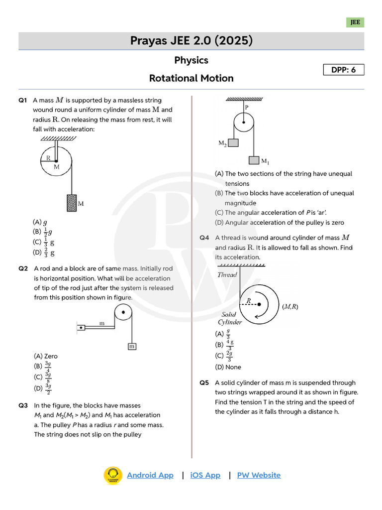 Rotational Motion DPP 06 (Of Lec 07) Prayas JEE 2.0 2025 | PDF | Acceleration | Tension (Physics)