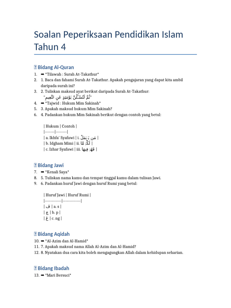 Soalan Pendidikan Islam Tahun 4 | PDF