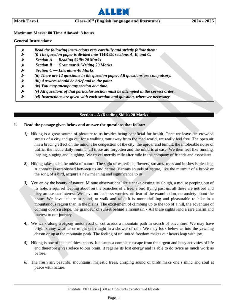 Class 10 English Mock Test 2024-25 | PDF | Water | Glacier