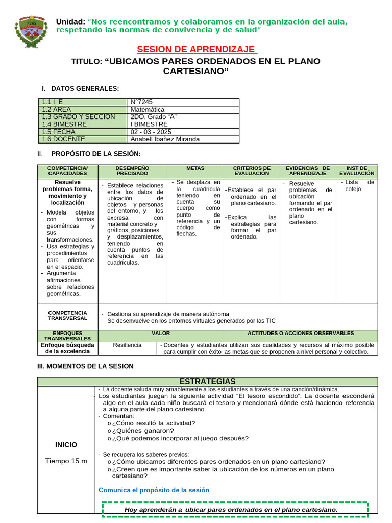 MATEMÁTICA - Ubicamos Pares Ordenados en El Plano Cartesiano | PDF ...
